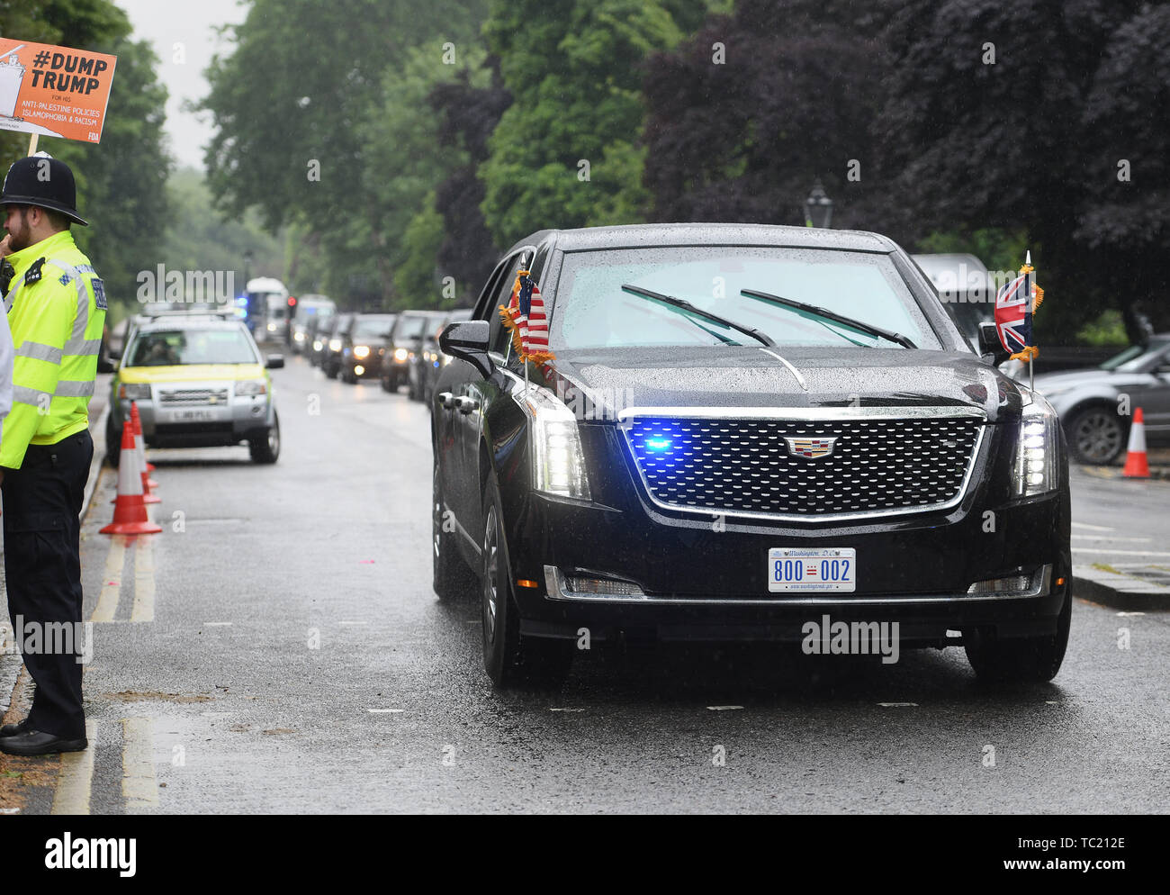 The motorcade with US President Donald Trump's limousine, nicknamed ...