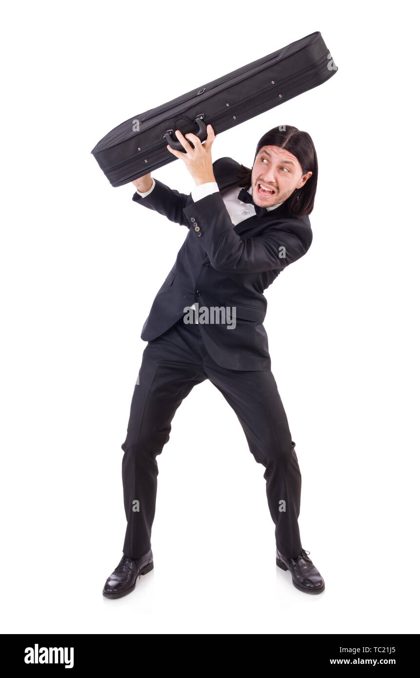 Man with violin case isolated on white Stock Photo - Alamy