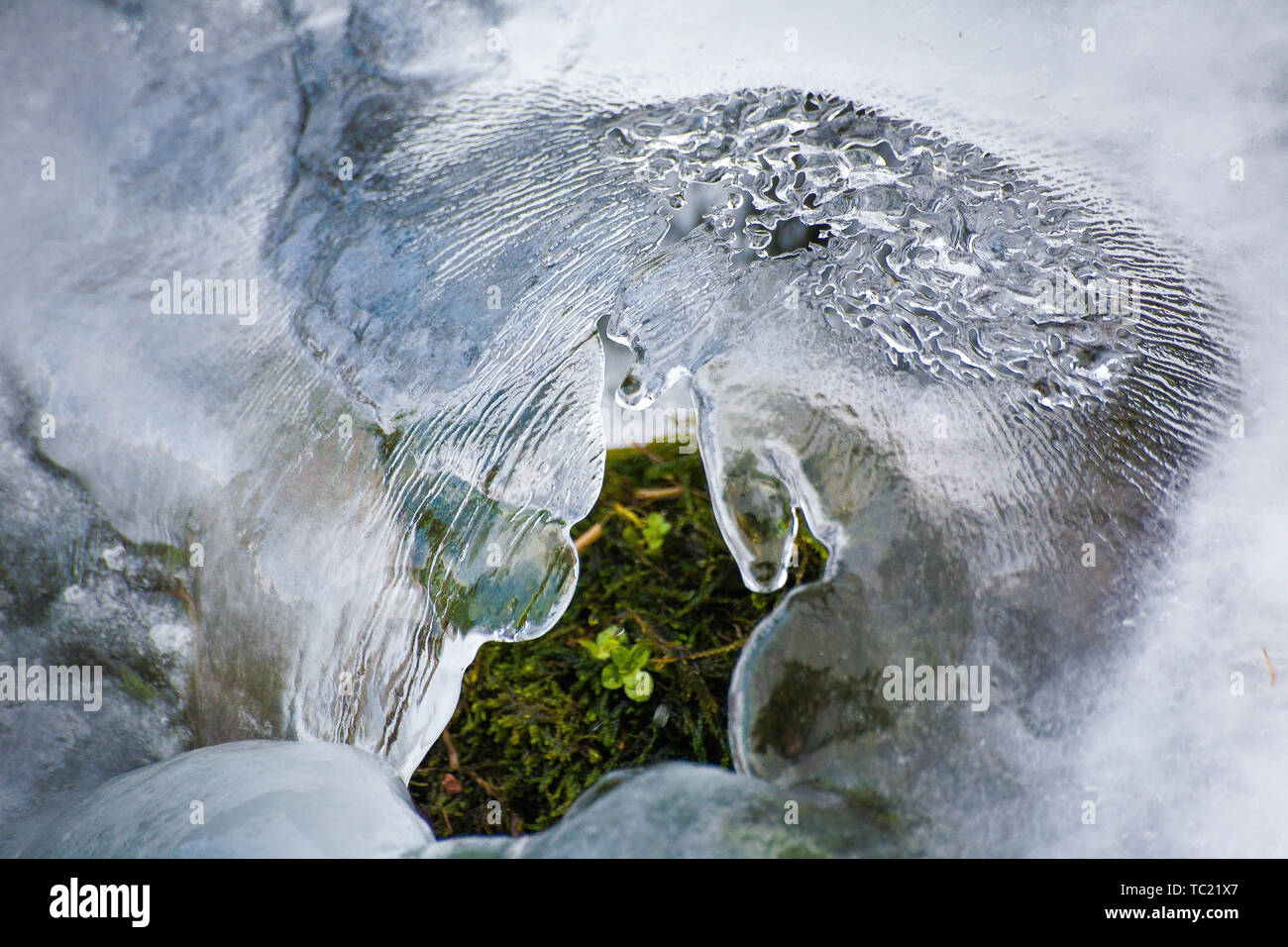A thin layer of ice on the stream in Tianchi Scenic Area in Tianshan ...