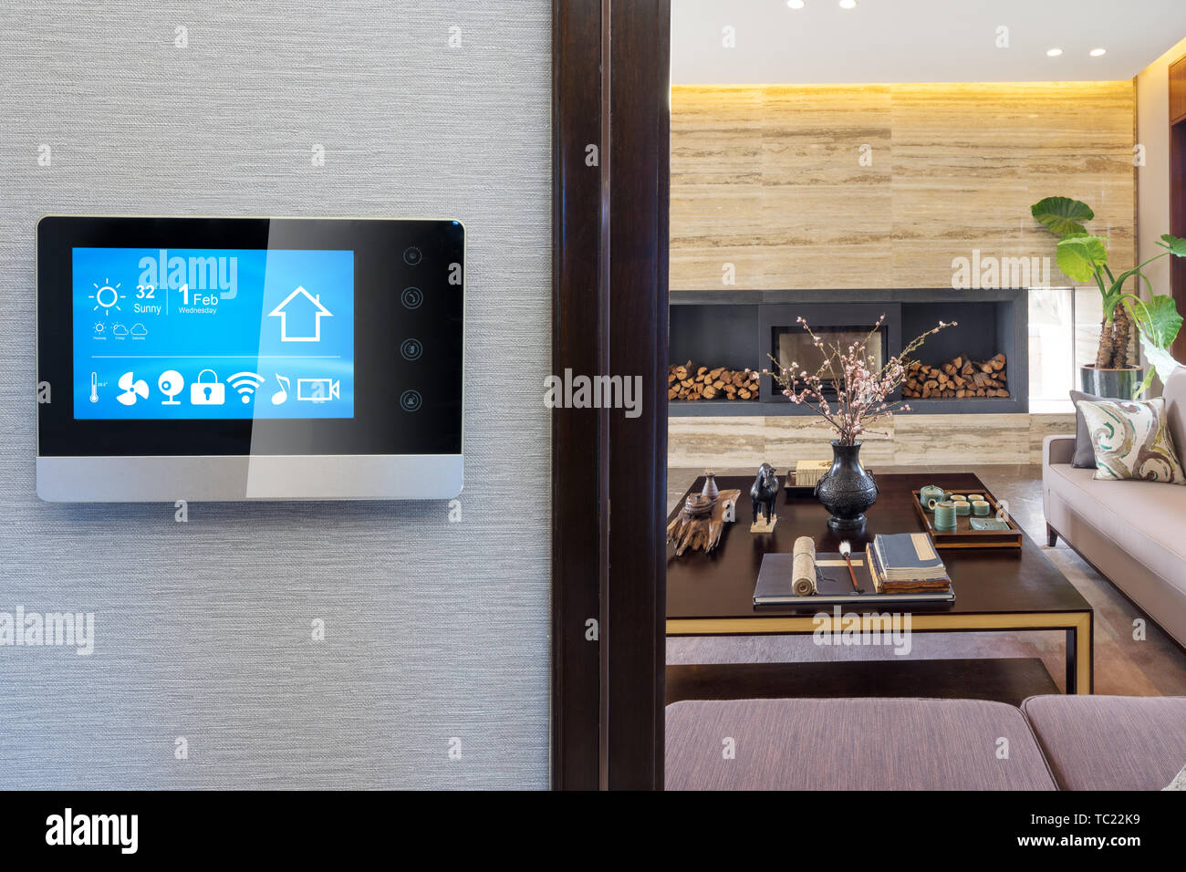 smart screen with smart home with modern living room Stock Photo - Alamy