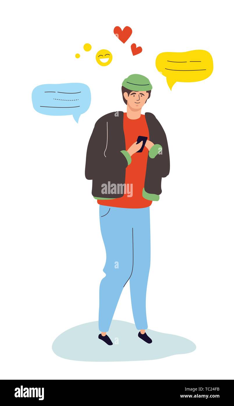 Happy boy chatting online - modern colorful flat design style ...