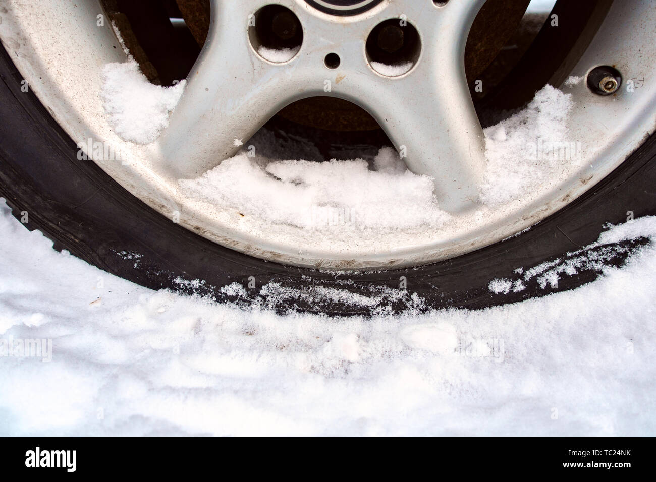 punched wheel in winter. old tire without air Stock Photo - Alamy