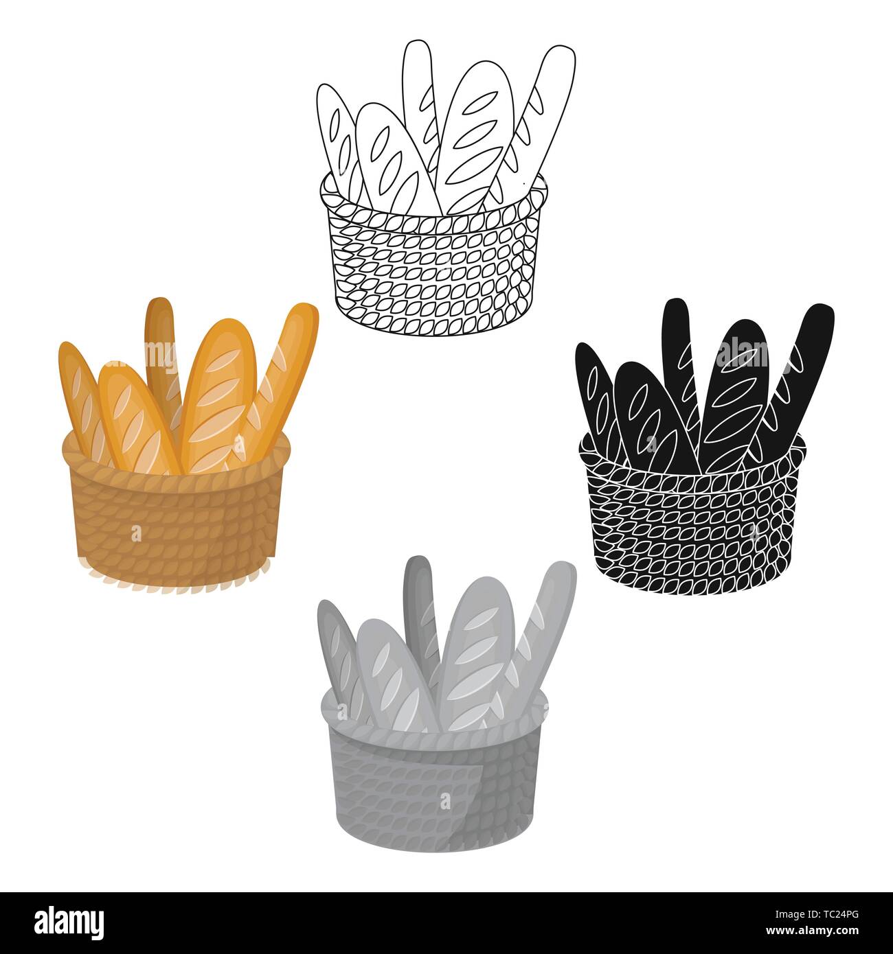 Basket of baguette icon in cartoon,black design isolated on white ...