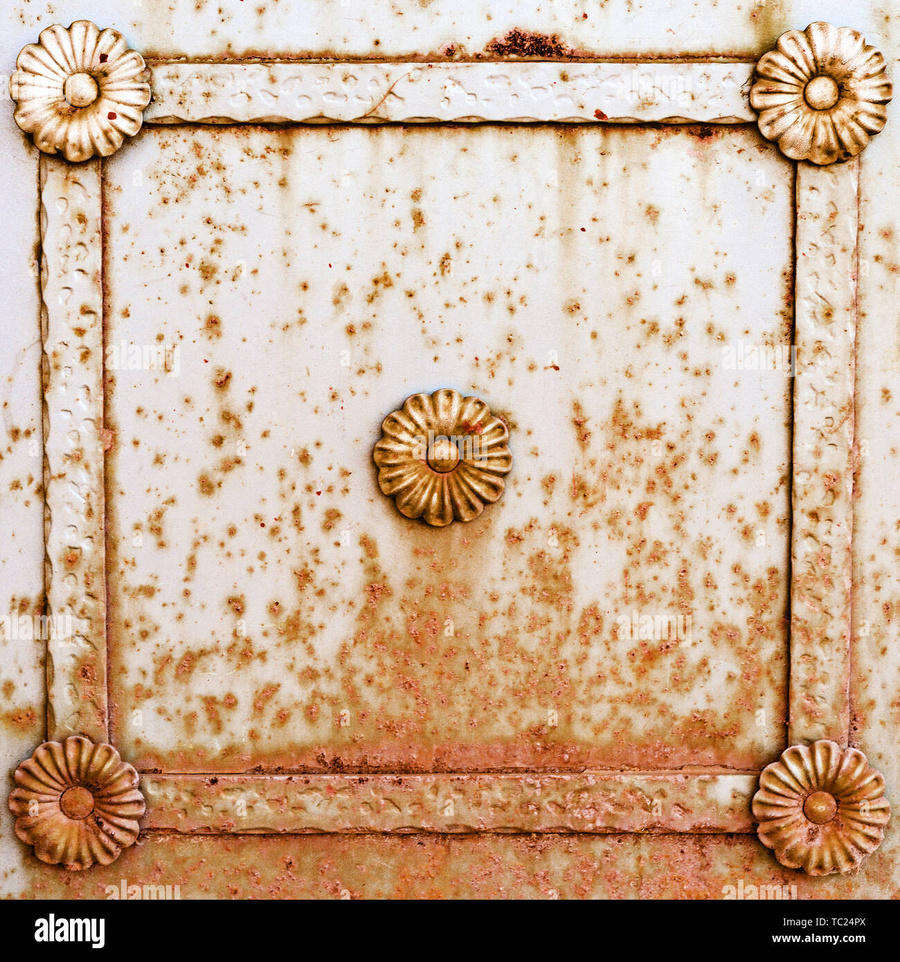 square metal frame with a pattern on a rusty wall. fence. background ...