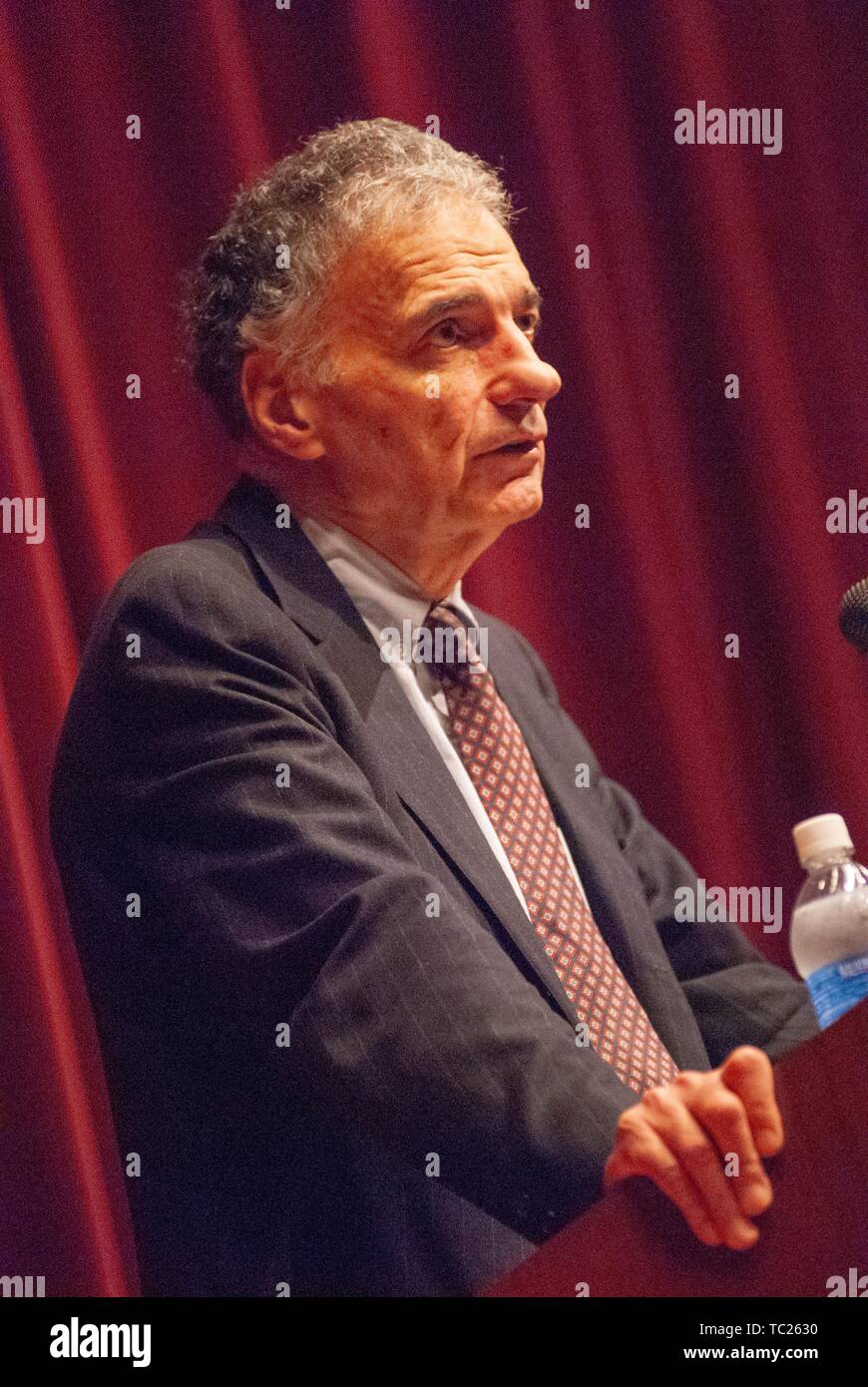 Angled close-up shot, in profile, of activist and attorney Ralph Nader ...