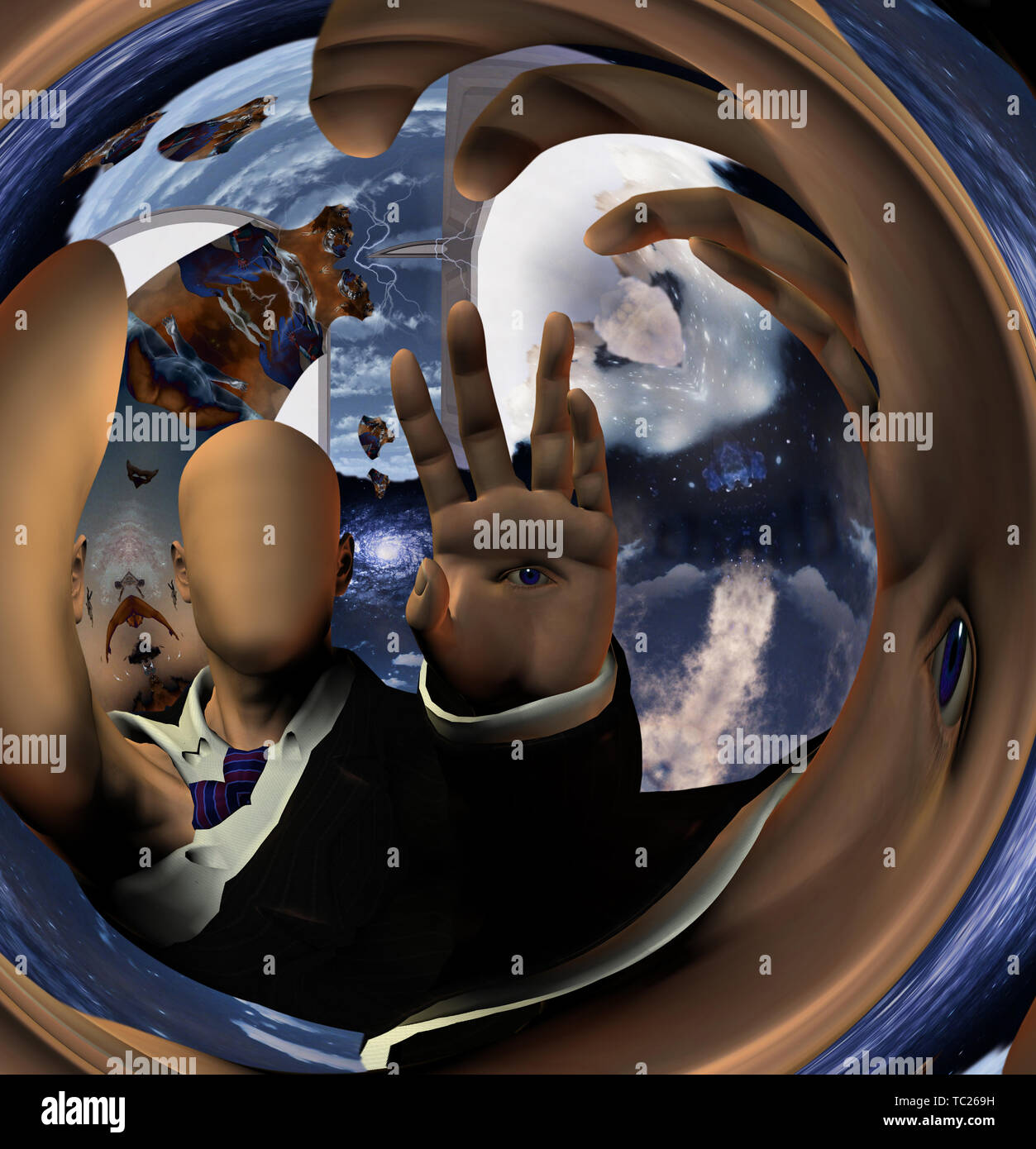 Surreal digital art. Faceless man with eye on a palm. Warped space ...