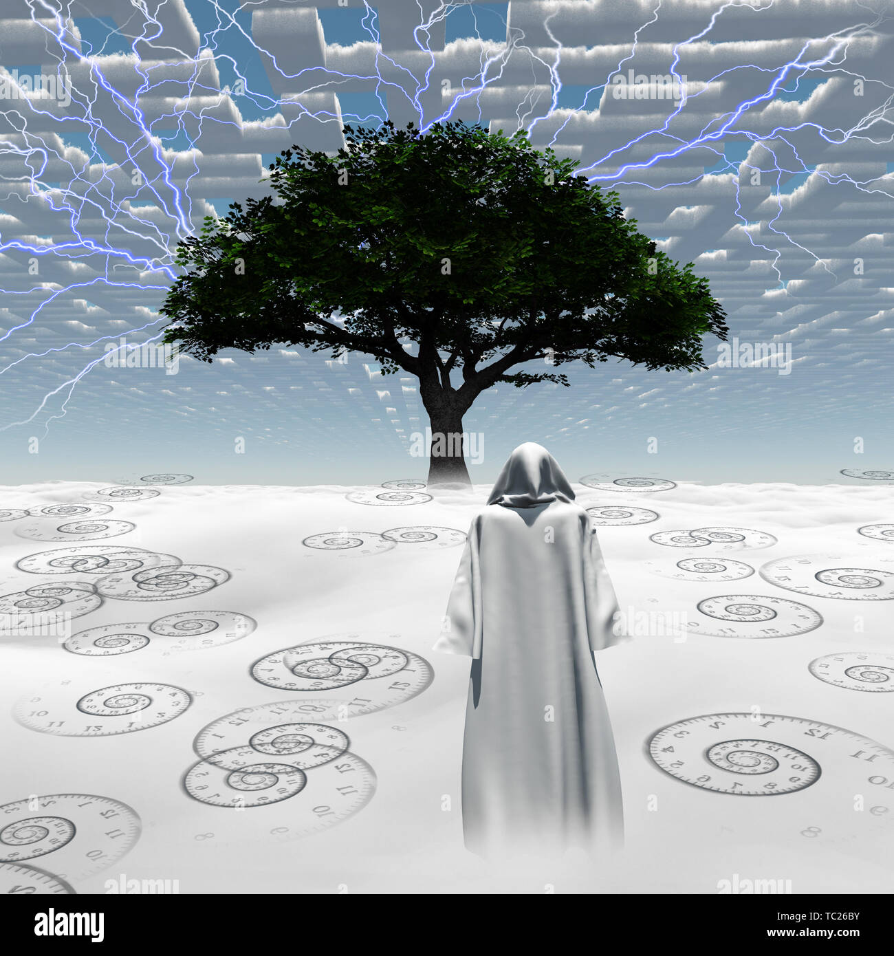 Surreal painting. Figure in white cloak stands before green Tree of ...