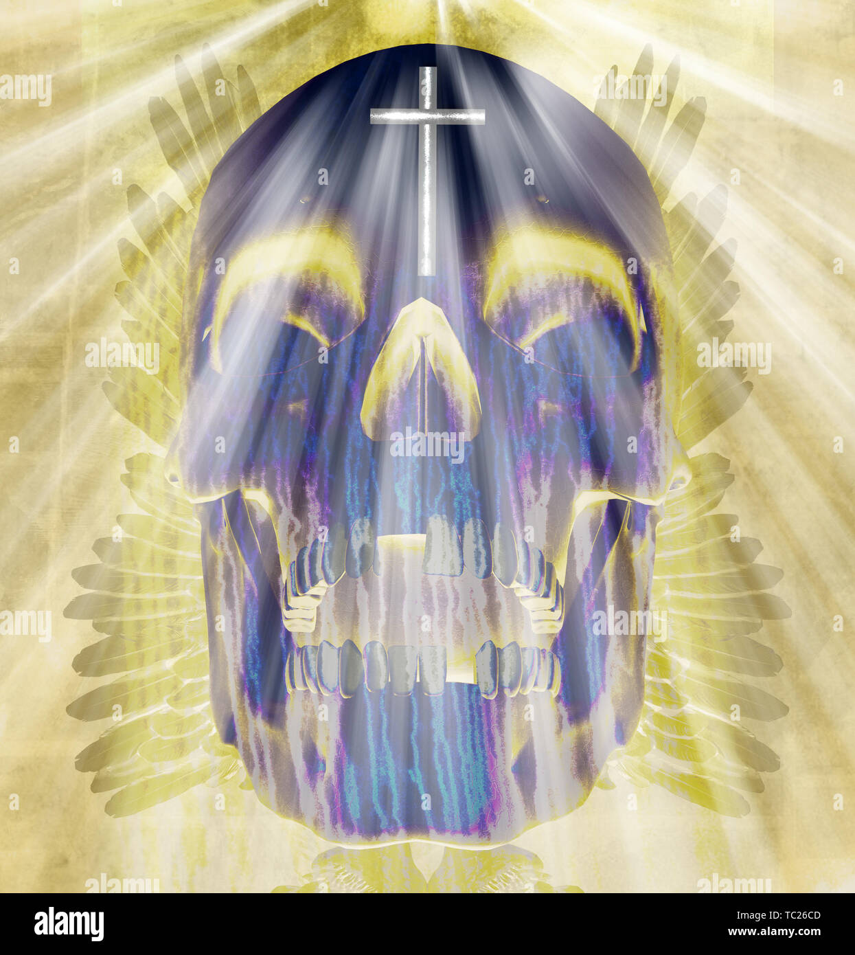 Holy Death. Shining skull with wings and cross Stock Photo - Alamy