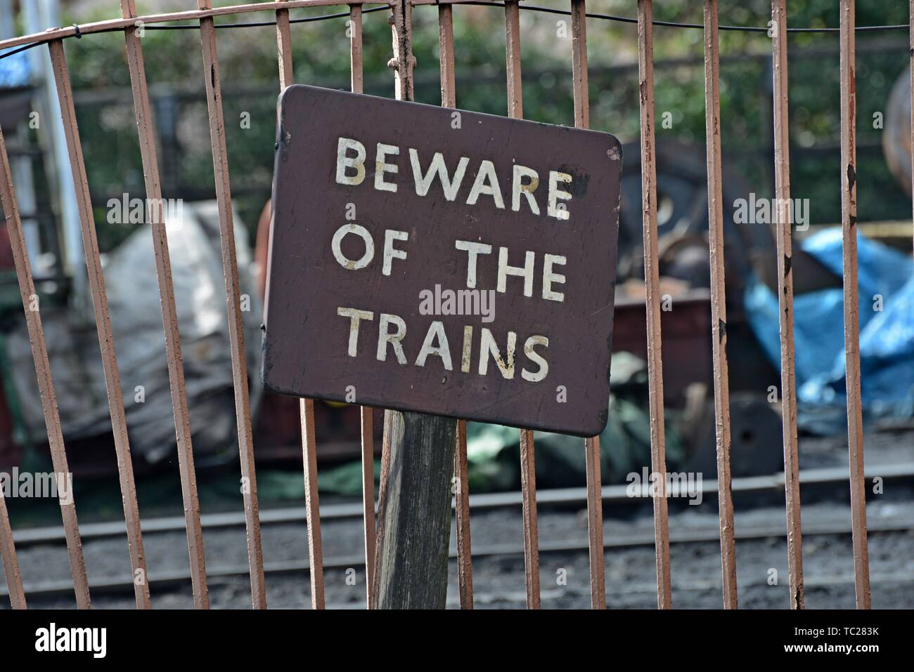 A vintage beware of the trains sign at Bridgnorth station on the Severn ...