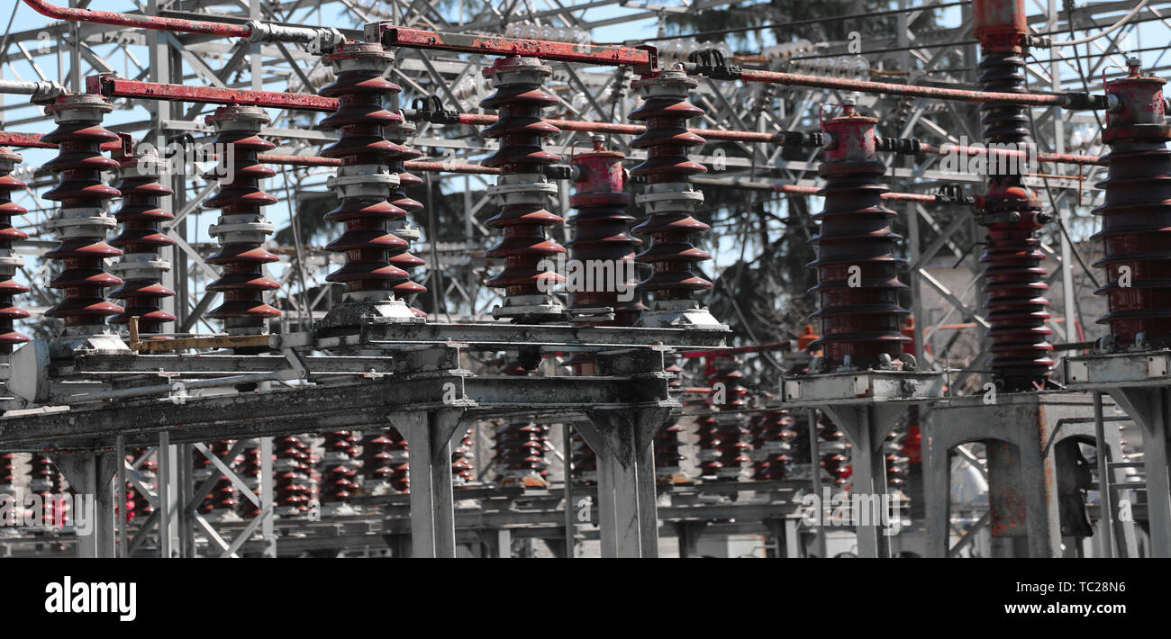 large industrial switches of a power plant with high voltage power ...