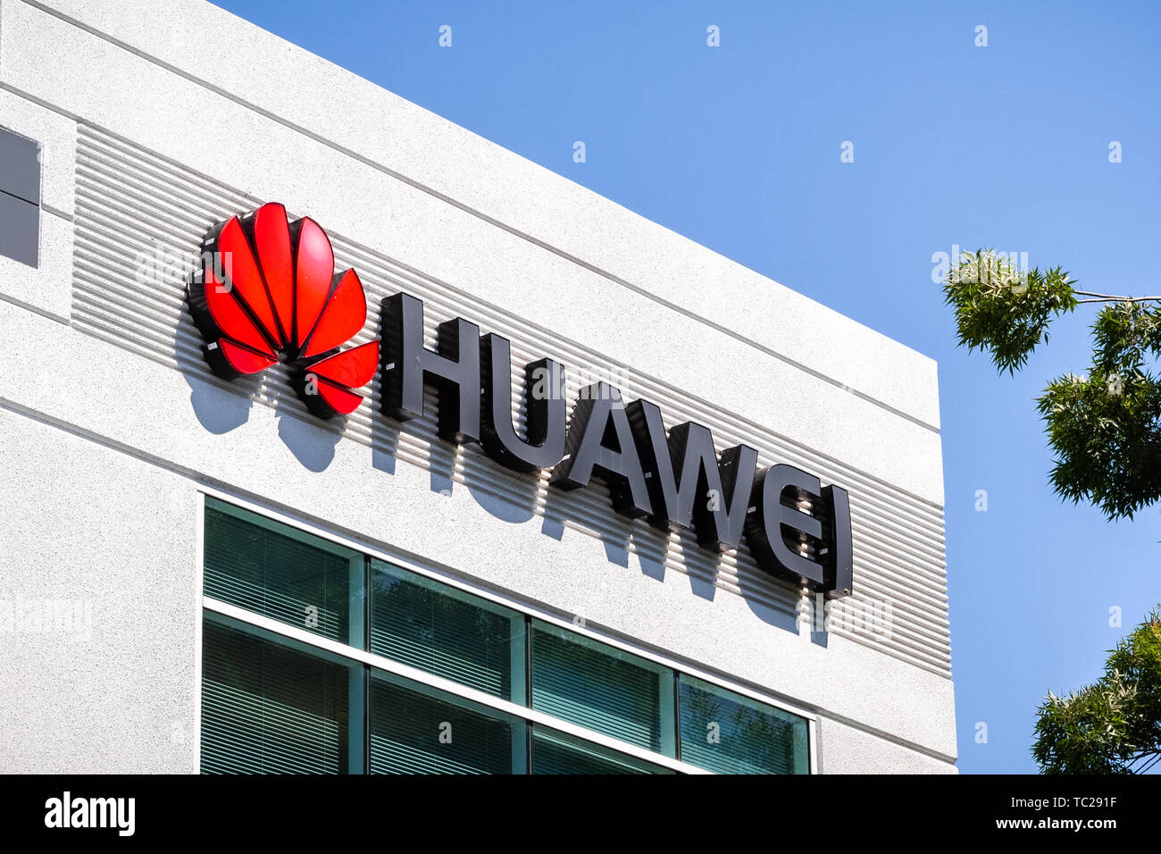 June 3, 2019 Santa Clara / CA / USA - Huawei logo at their offices in ...