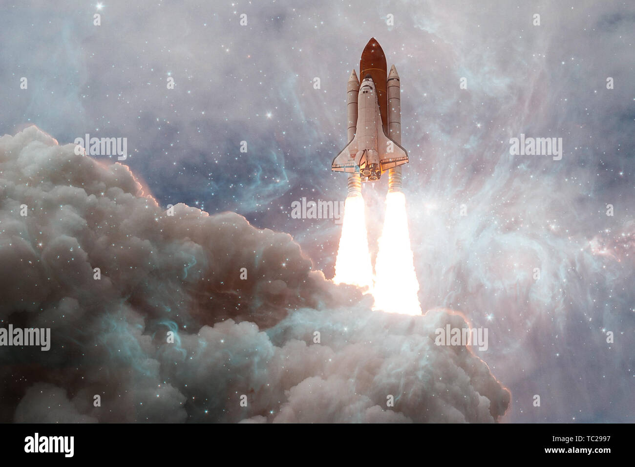 Space shuttle taking off on a mission. Deep space. Beauty of endless ...