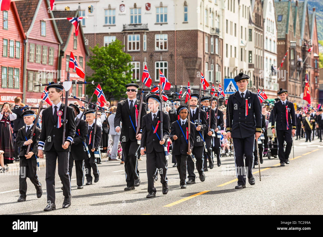 BERGEN, NORWAY - April 14, 2019: Old firefighters vehicle on street in ...