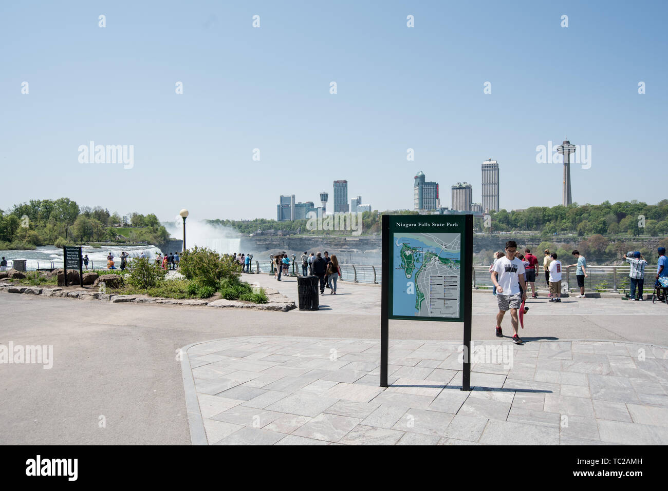 Niagara falls wide angle view with the Niagara falls map and visitors ...