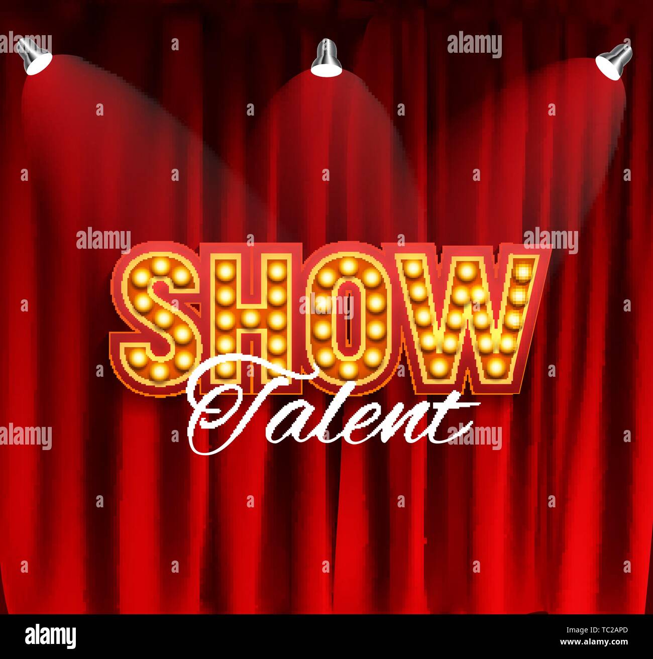 Realistic Show announcement board with bulb frame on curtains ...