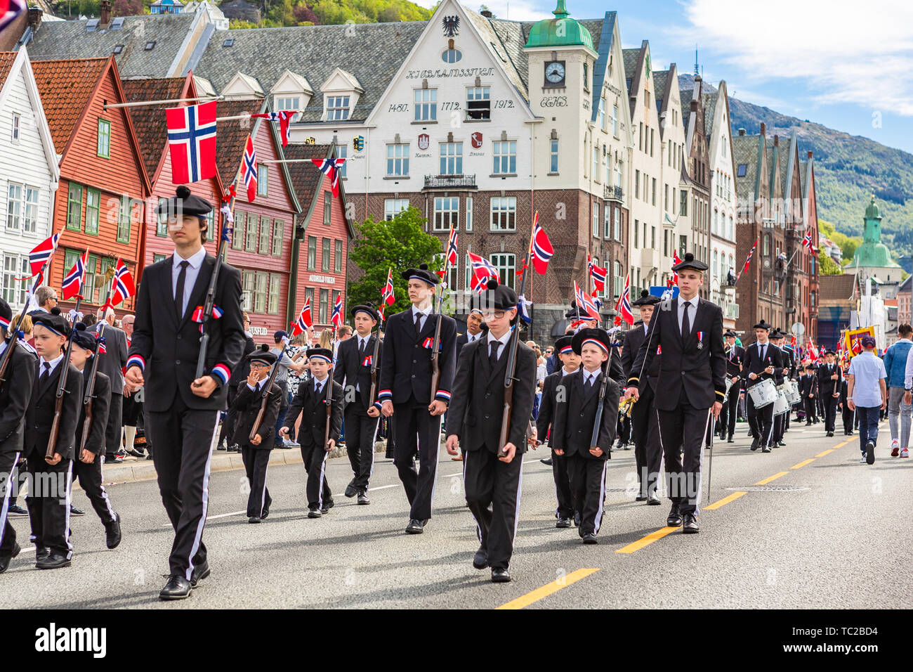 BERGEN, NORWAY - April 14, 2019: Old firefighters vehicle on street in ...