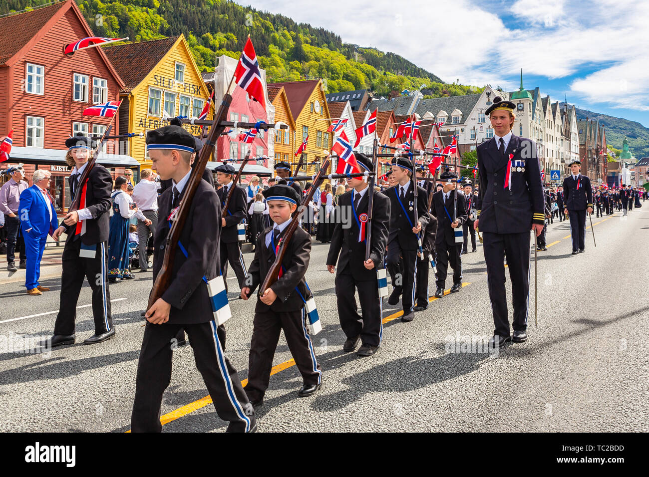 BERGEN, NORWAY - April 14, 2019: Old firefighters vehicle on street in ...