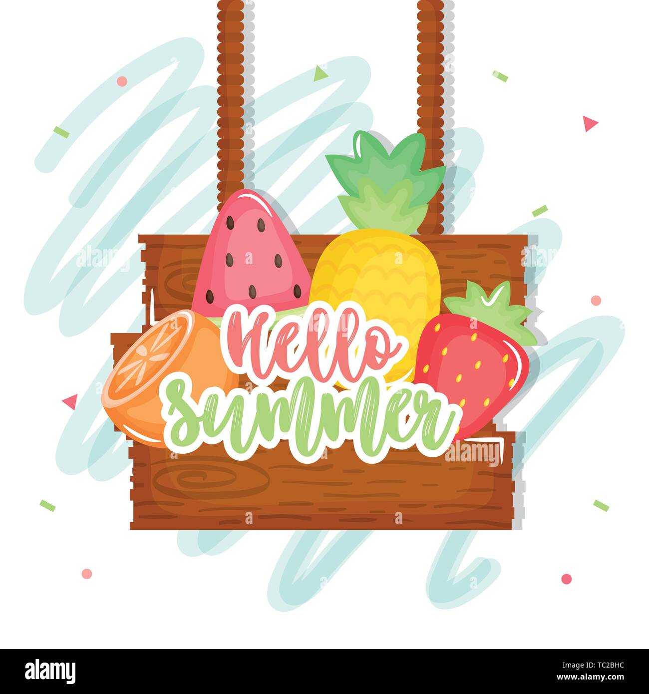 hello summer poster with wooden label and icons vector illustration ...