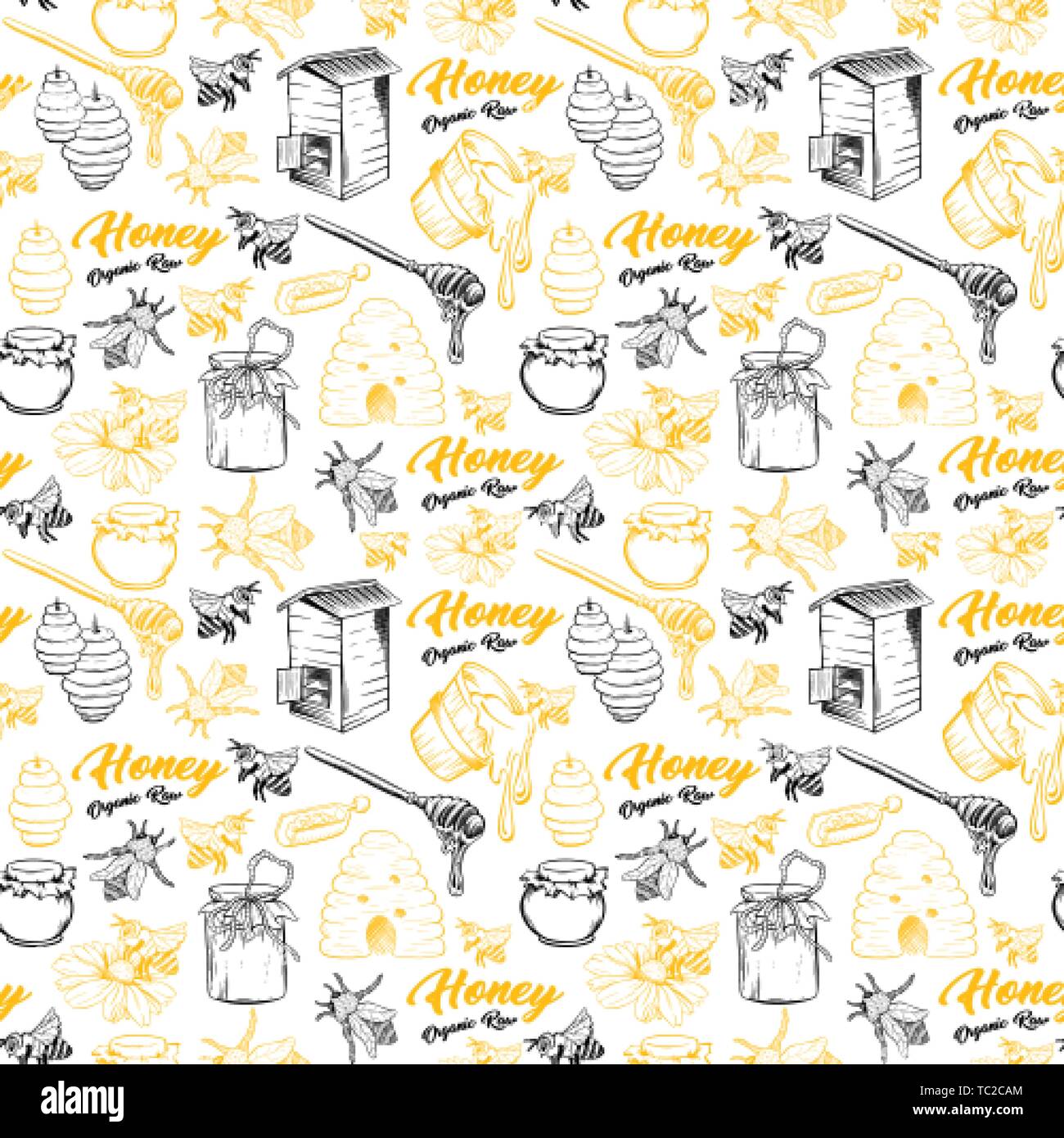 Honey Bee, Honeycomb And Jar Image Seamless Pattern Design In Sketch ...