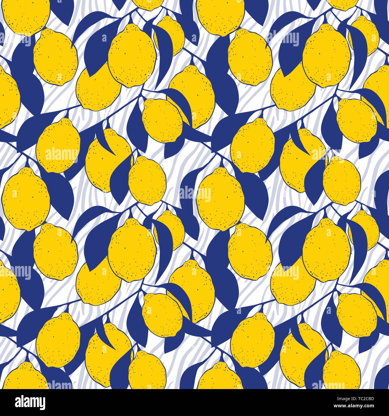 Lemons modern style hand drawn seamless pattern. Yellow citrus colored wallpaper. Fresh lemon ...