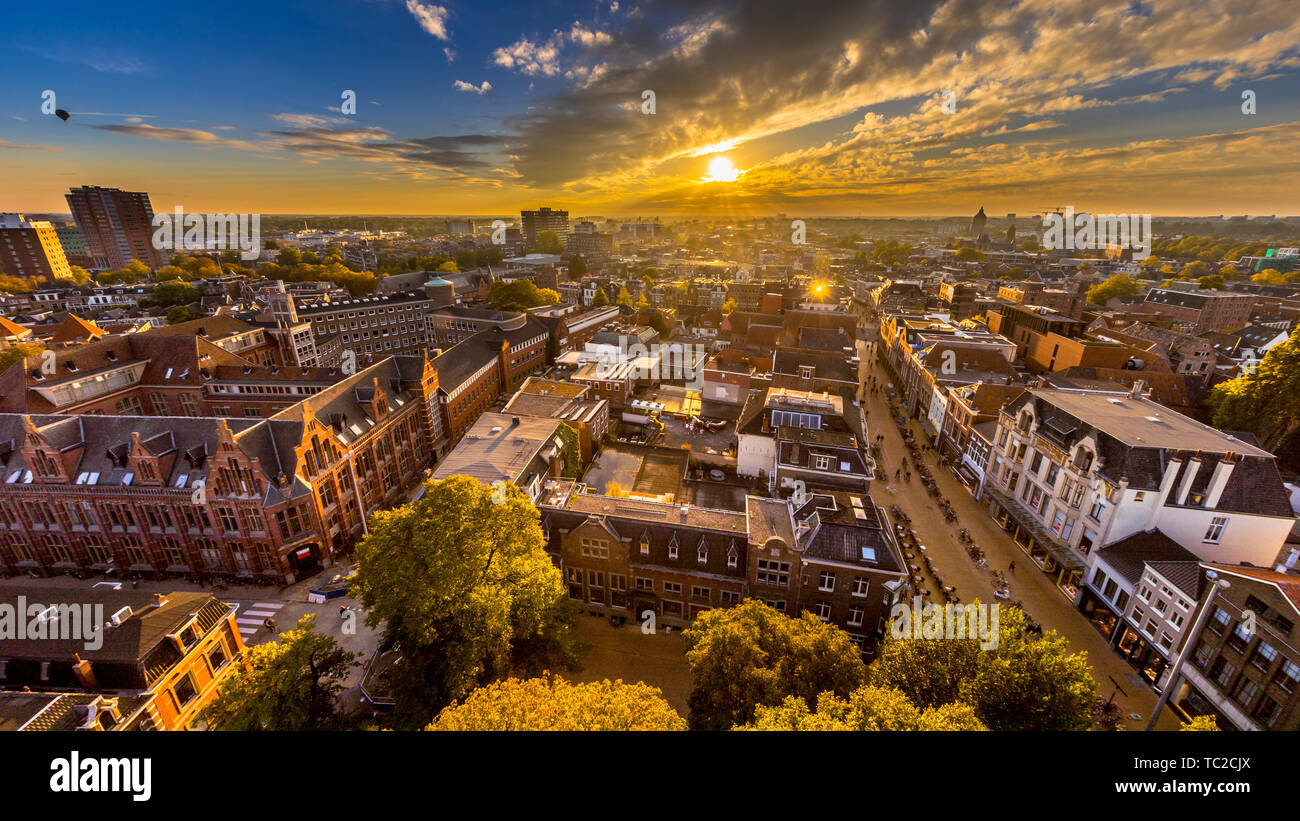 Aerial Skyline view of historic Groningen city centre under setting sun ...