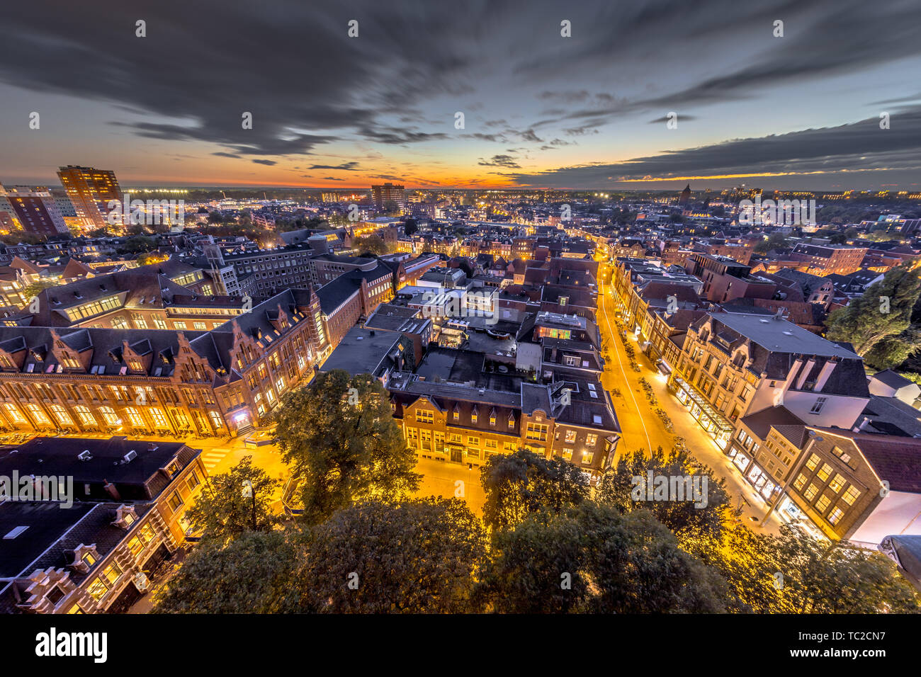 Aerial view of Aa church square in historic town centre of Groningen ...