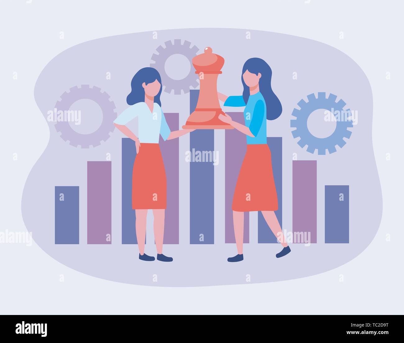 businesswomen with queen chess and statistics bar with gears to ...