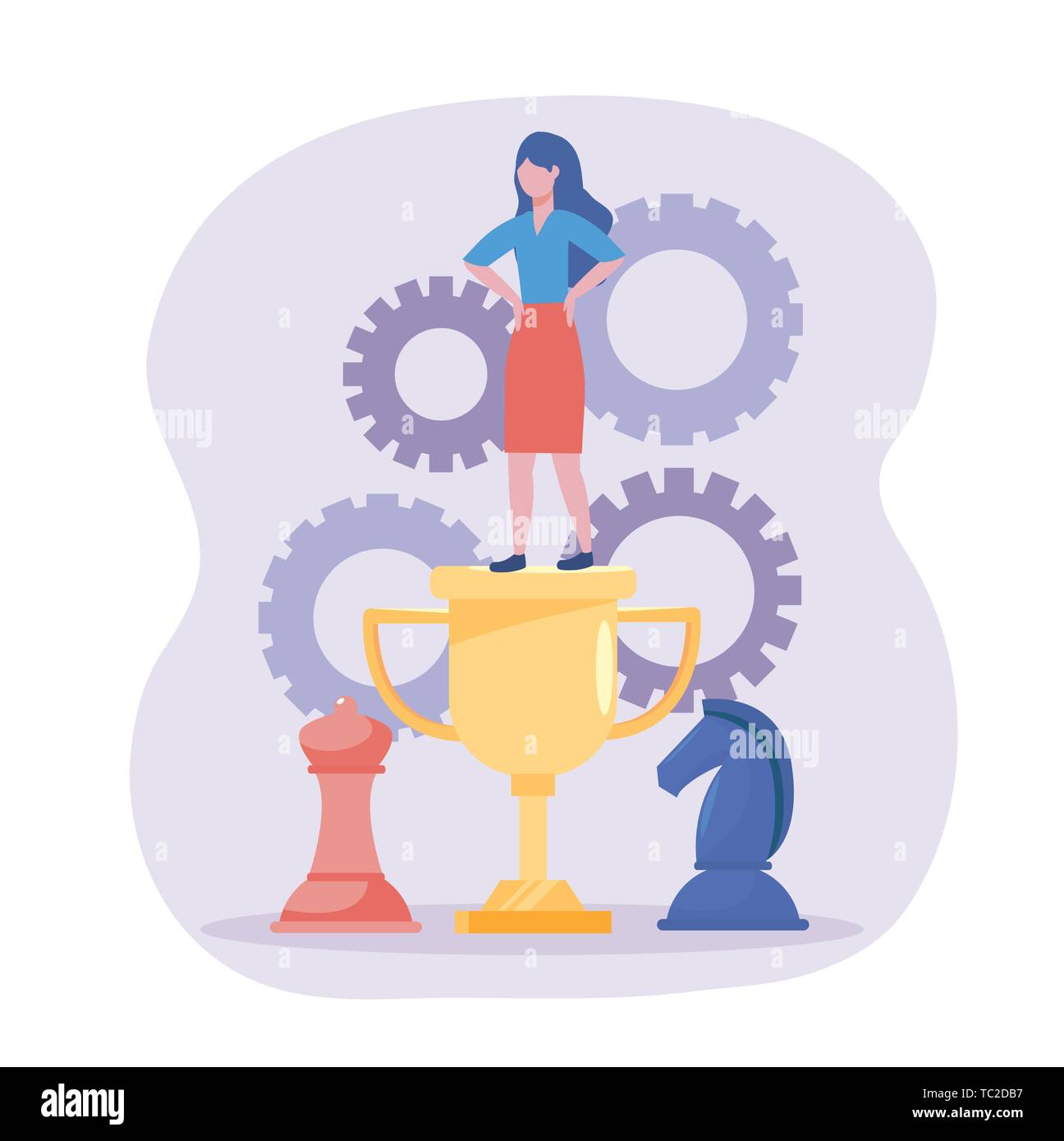 businesswoman in the cup prize with horse and queen chess to teamwork ...