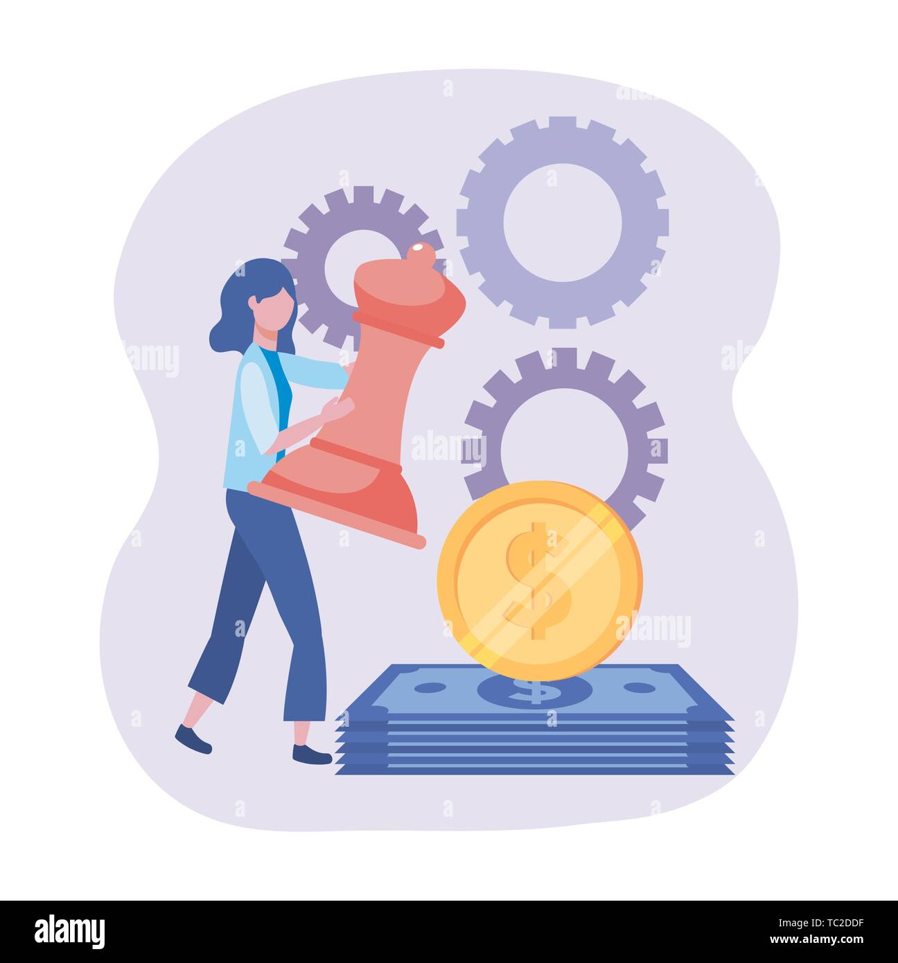 businesswoman with queen chess and bills with gears to teamwork ...
