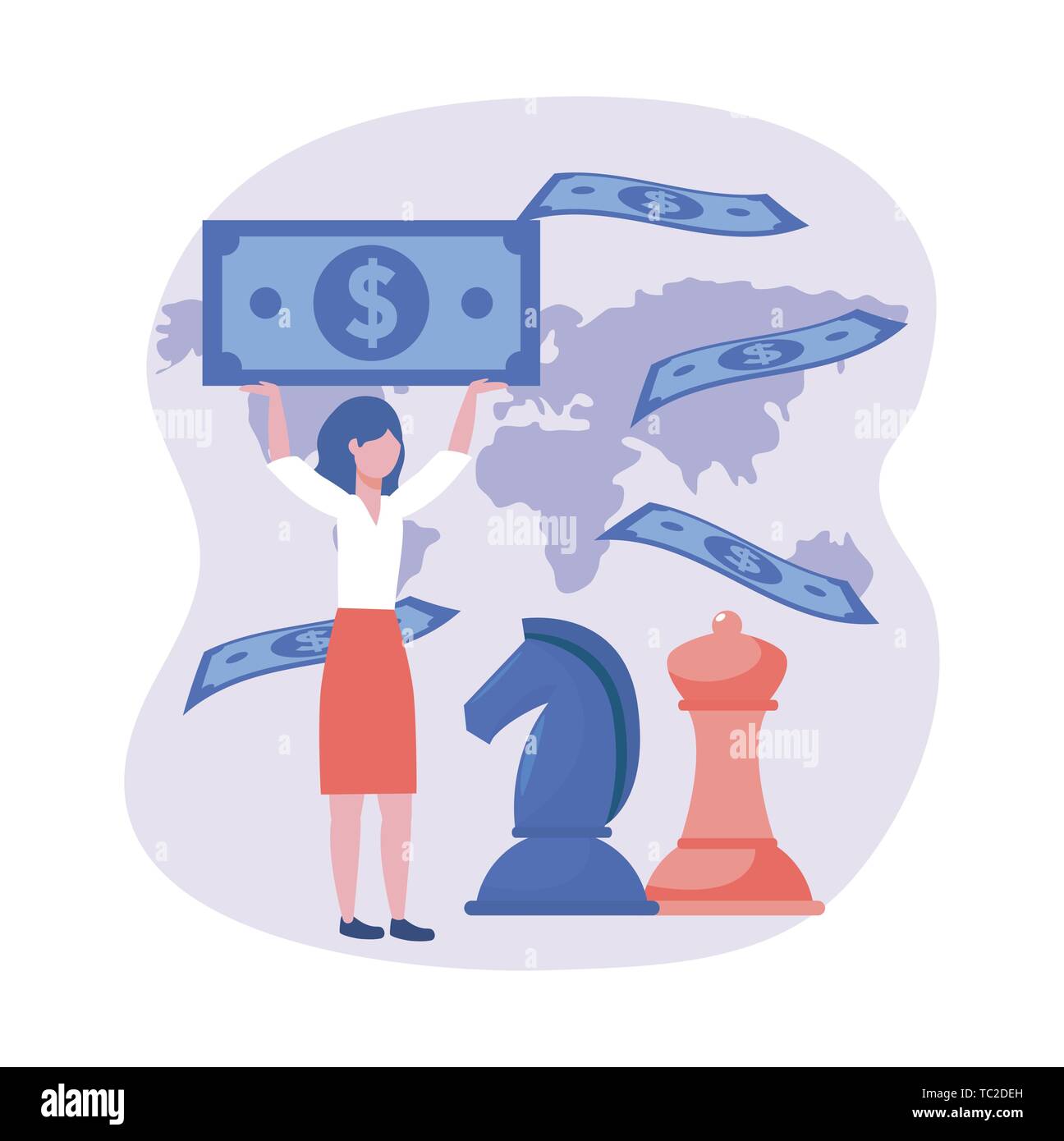 businesswoman with horse and queen chess with bills to teamwork ...