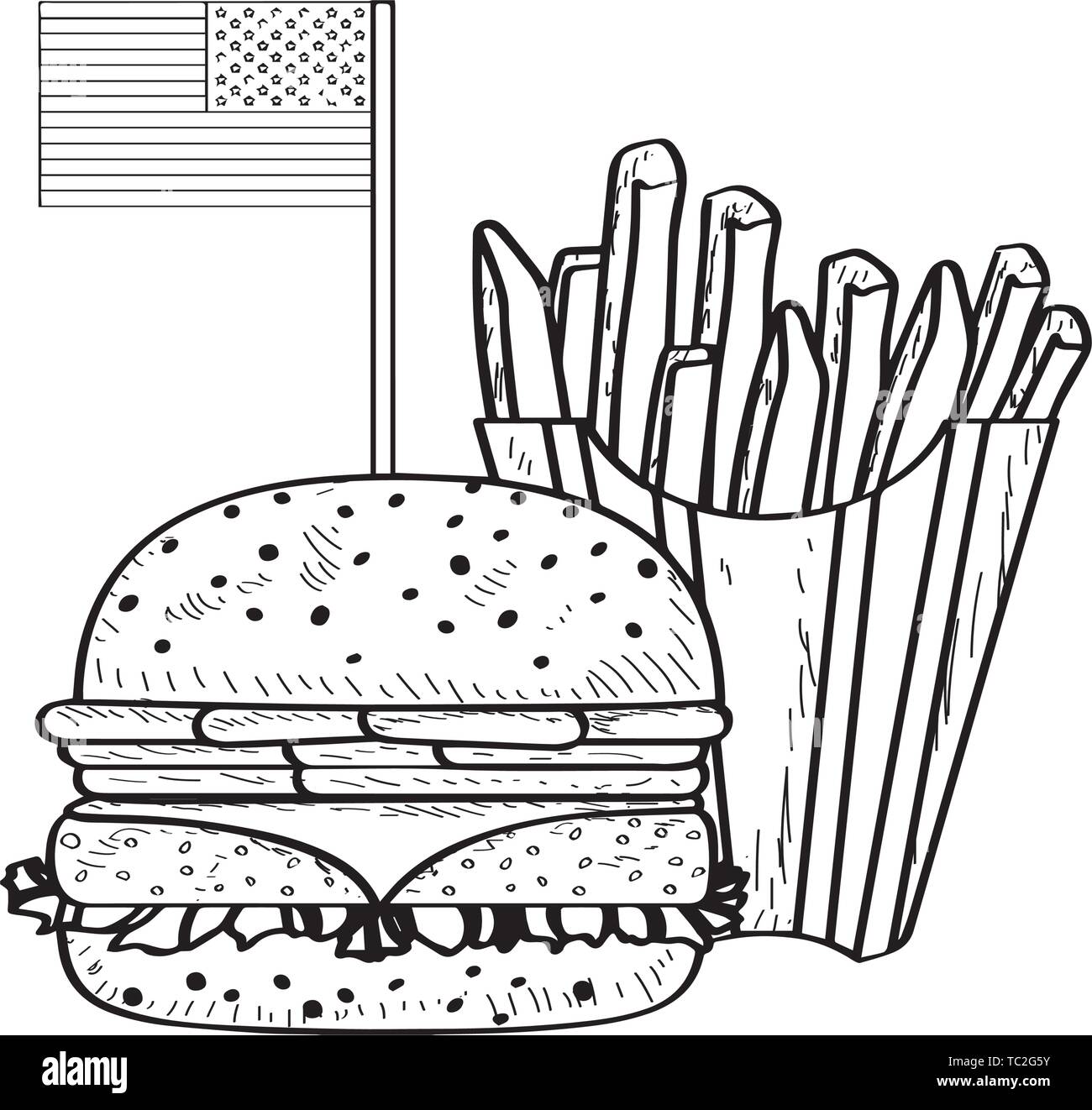 Burger and french fries with the flag of United States. American fast ...
