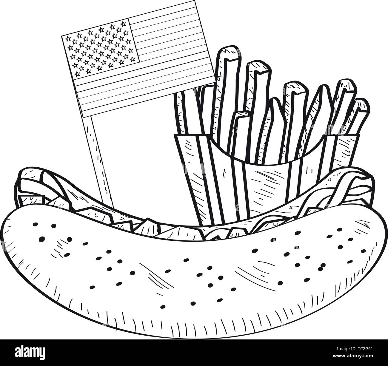 Hot dog and french fries with the flag of United States. American fast ...
