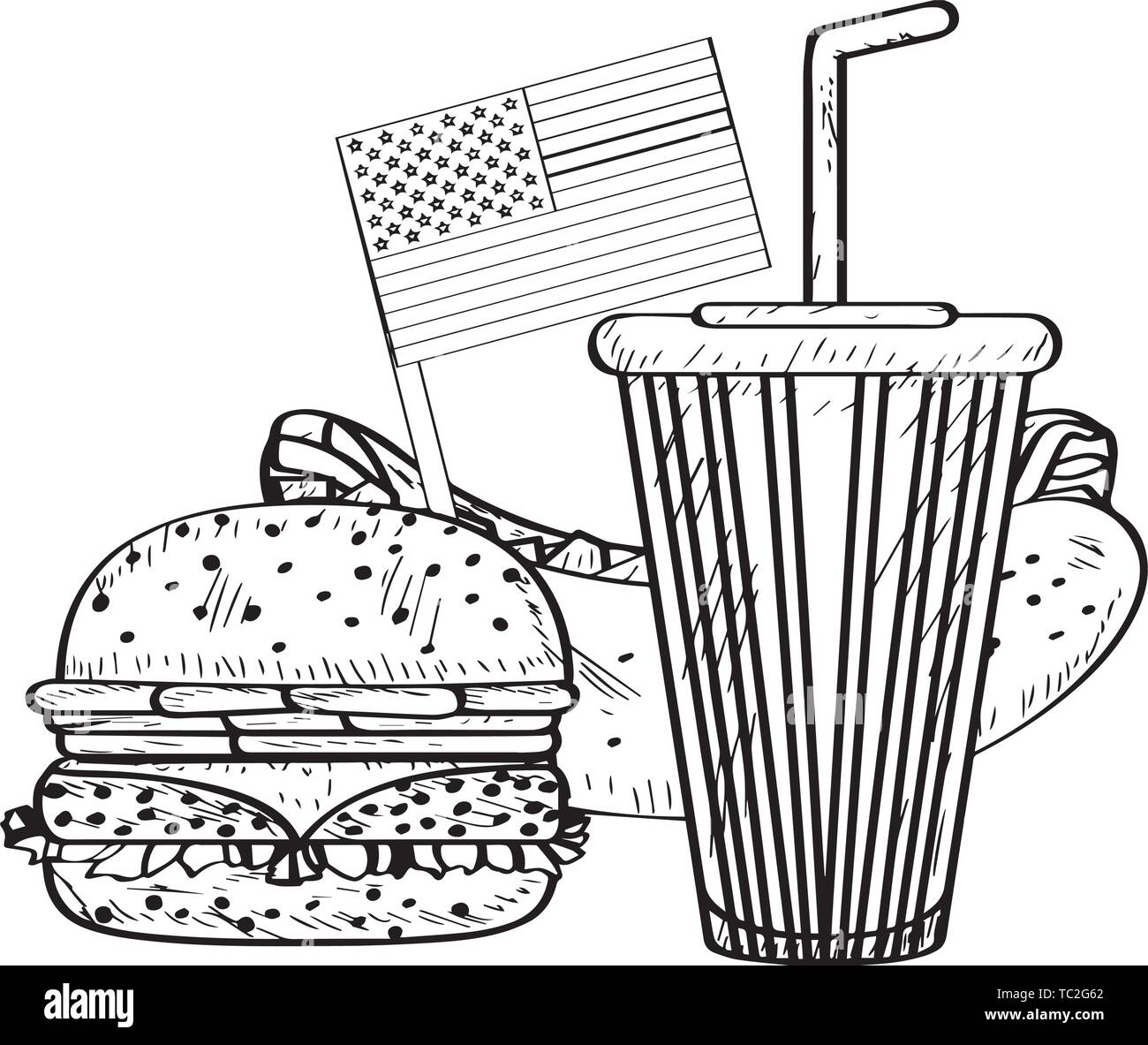 Fast food with the flag of United States. American fast food - Outline ...
