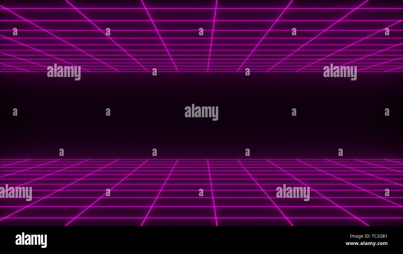3D render synthwave wireframe net abstract background. Future retro ...