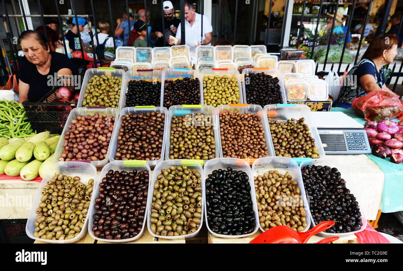The colorful Kotor farmer’s market, under its Medieval walls Stock ...