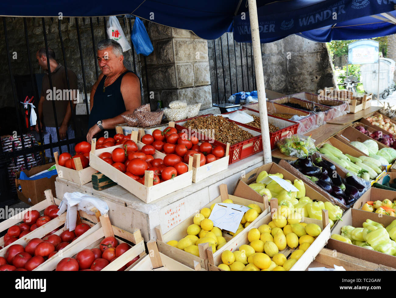 The colorful Kotor farmer’s market, under its Medieval walls Stock ...