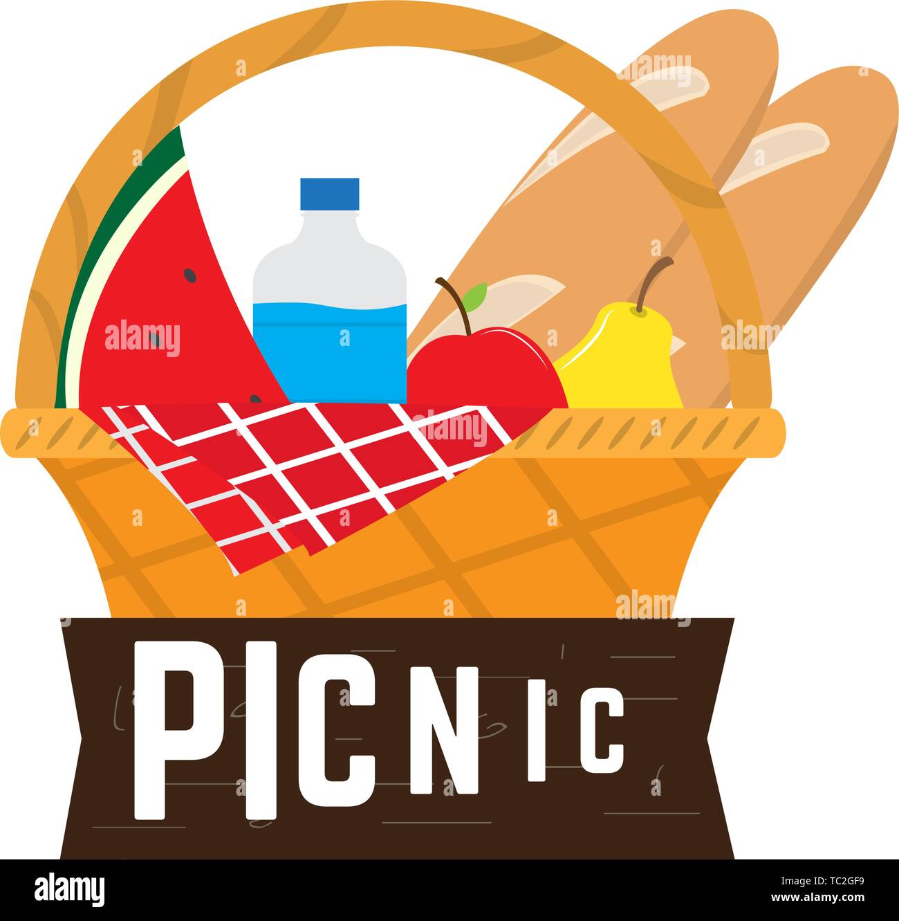 Picnic basket with water bottle, bread and fruits - Vector Stock Vector ...