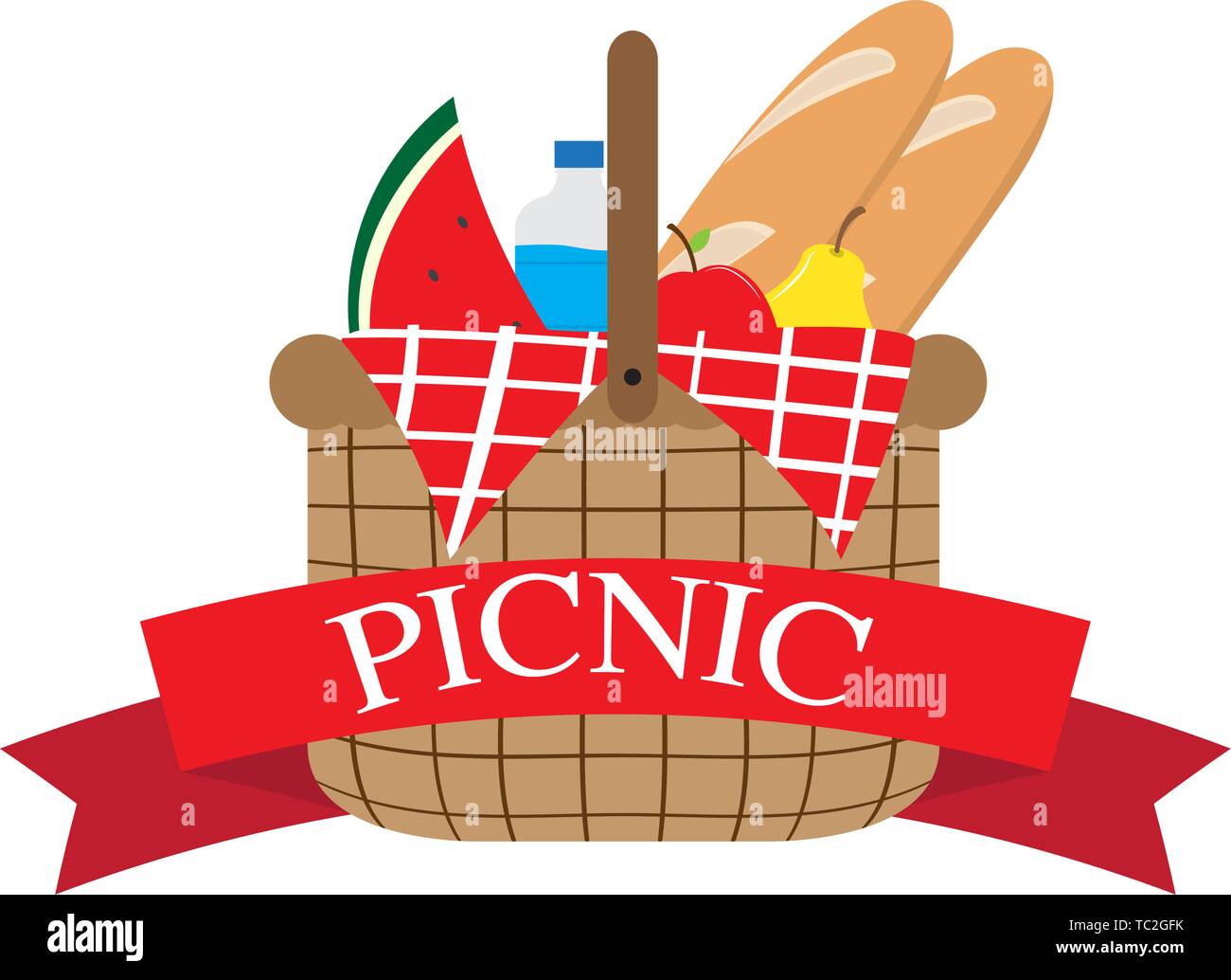Picnic basket with water bottle, bread and fruits - Vector Stock Vector ...