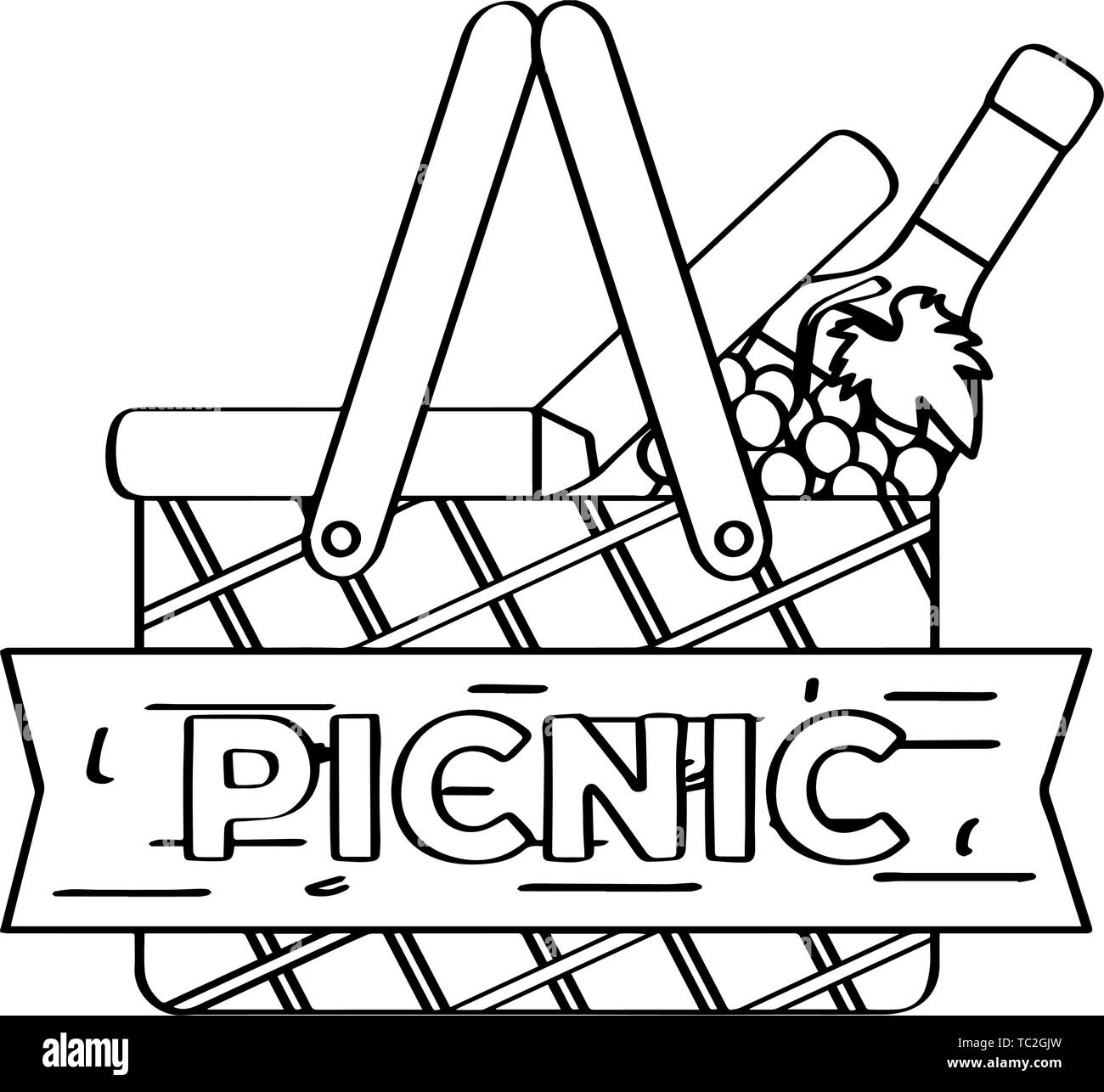 Picnic basket with wine bottle and grapes - Outline Vector Stock Vector ...
