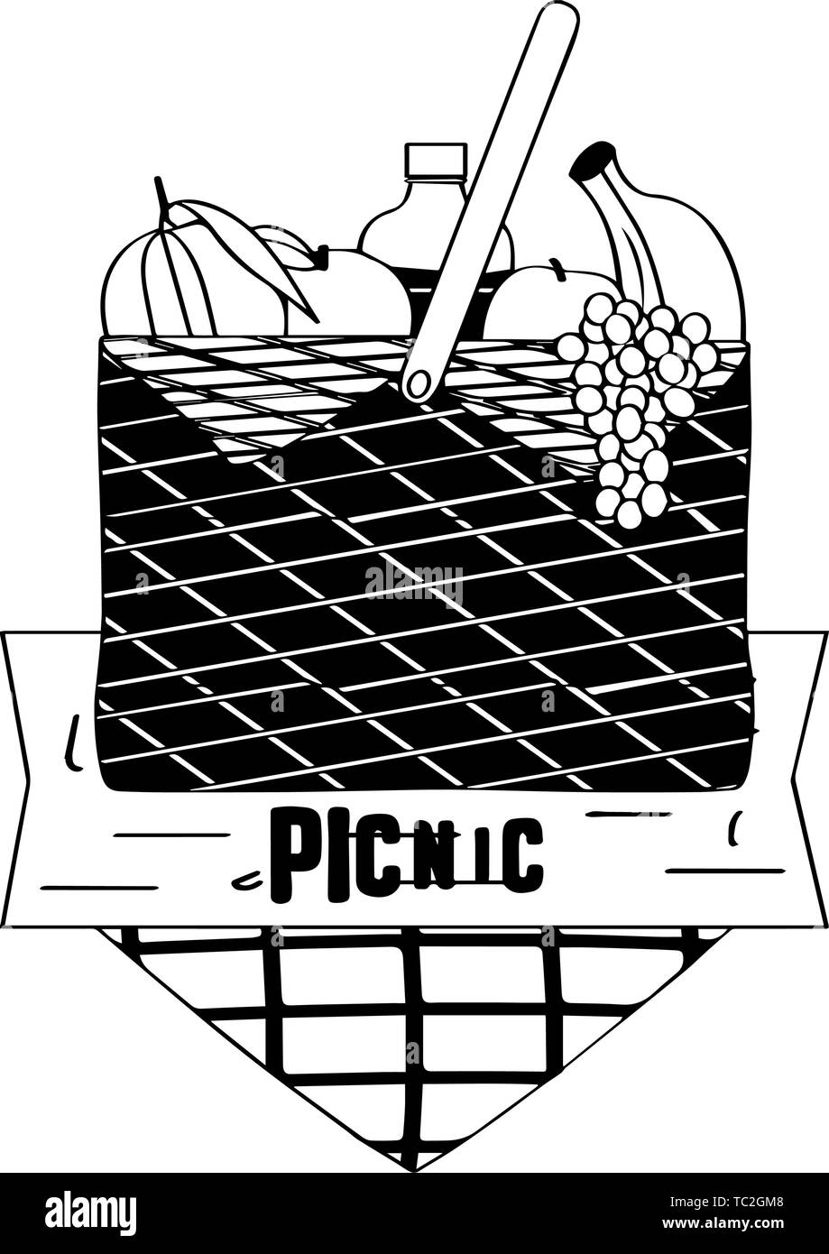 Picnic basket with water bottle and fruits - Outline Vector Stock ...