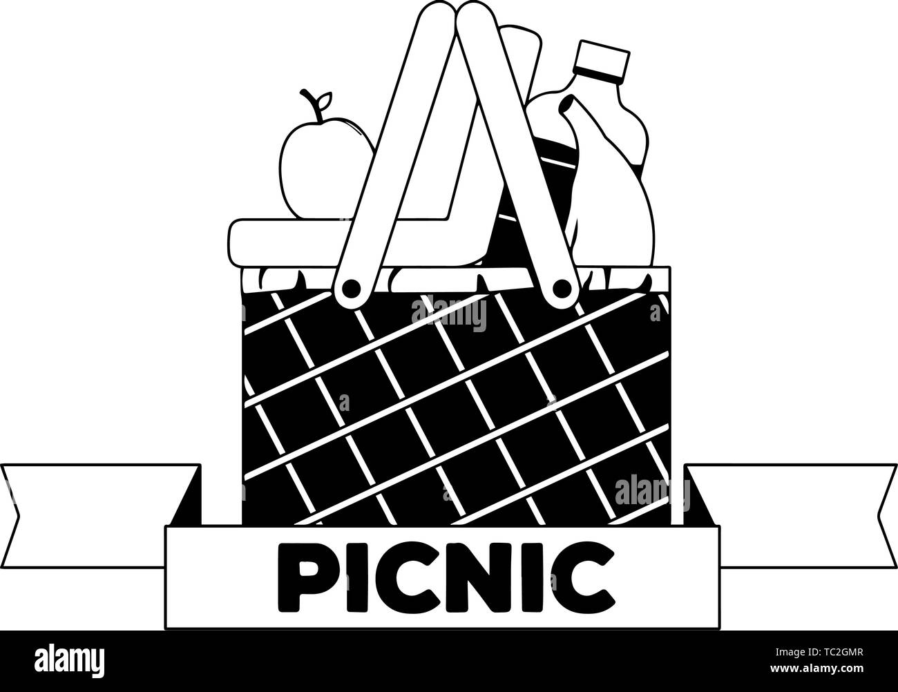 Picnic basket with water bottle and fruits - Outline Vector Stock ...