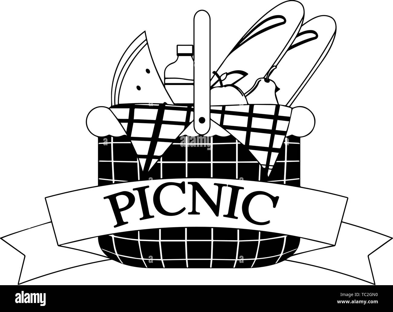 Picnic basket with water bottle, bread and fruits - Outline Vector ...
