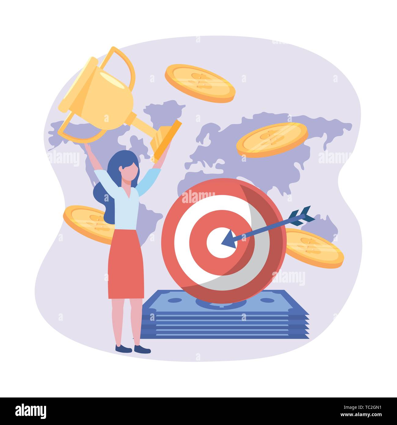 businesswoman and target with arrow and bills and coins to teamwork ...