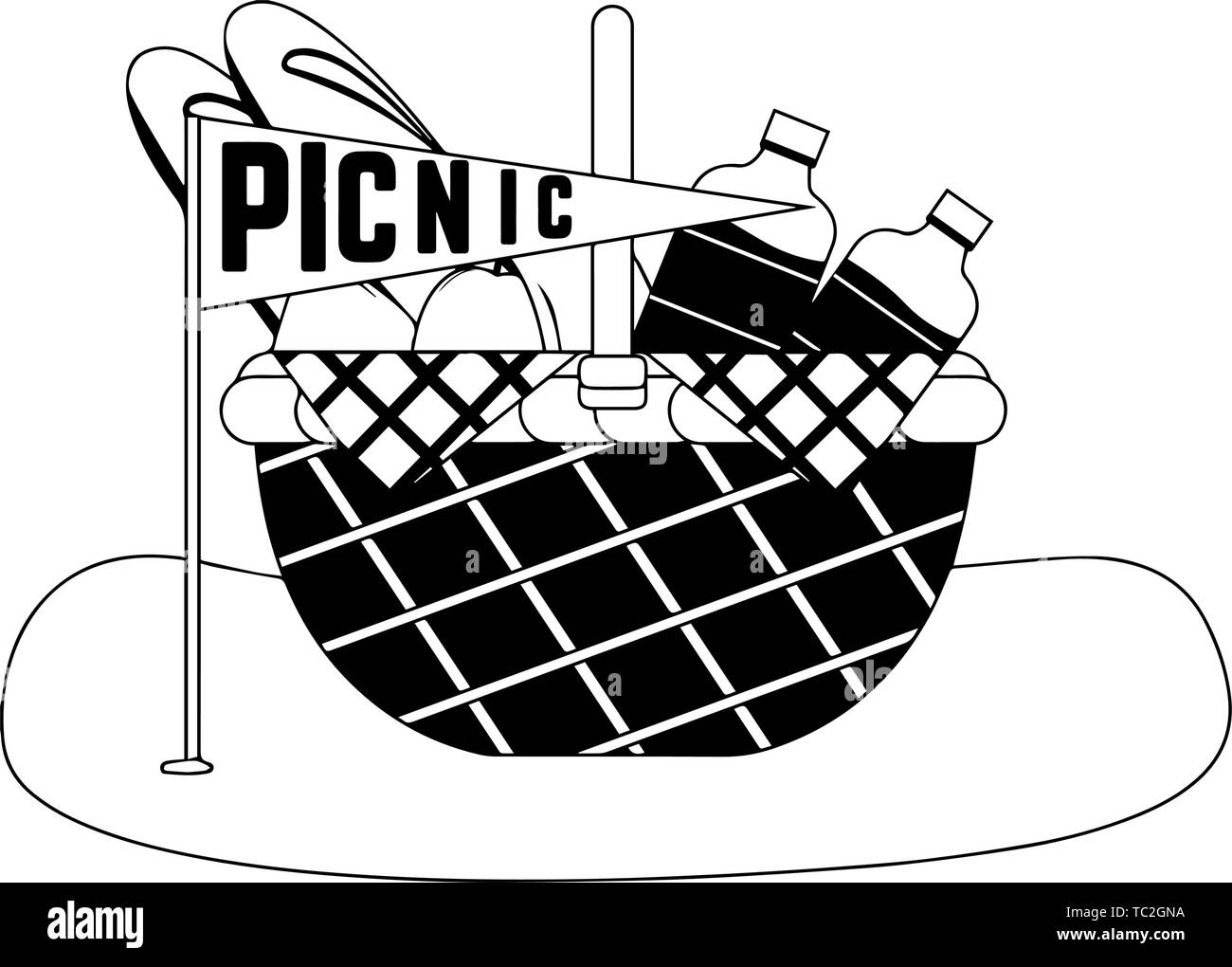 Picnic basket with water bottle, bread and fruits - Outline Vector ...