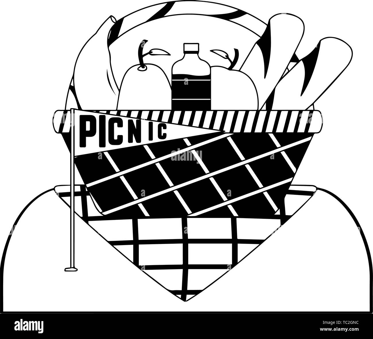 Picnic basket with water bottle, bread and fruits - Outline Vector ...