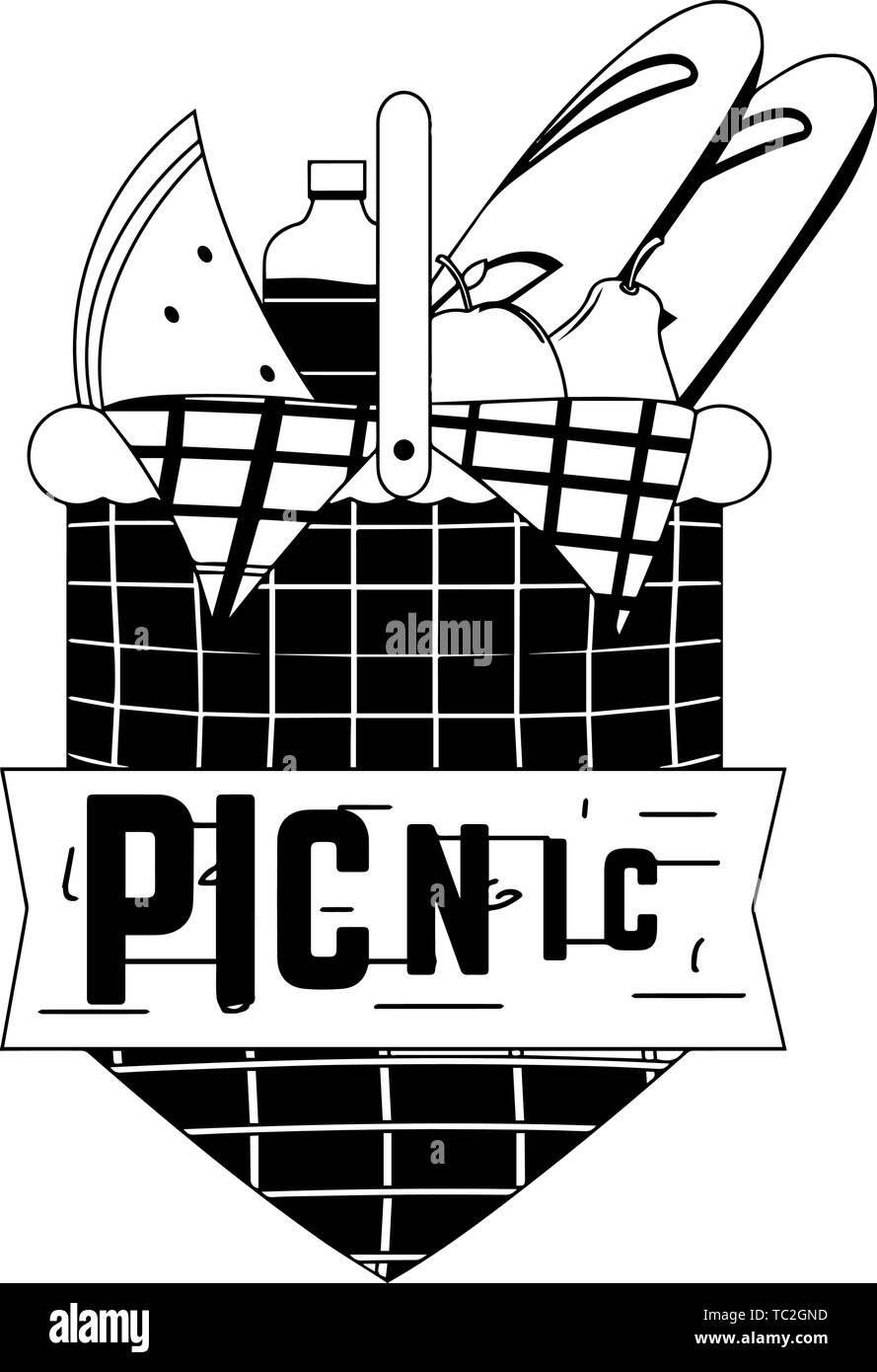 Picnic basket with water bottle, bread and fruits - Outline Vector ...