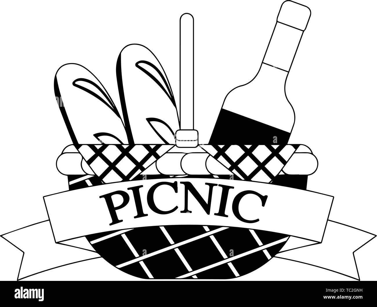 Picnic basket with bread and wine - Outline Vector Stock Vector Image ...
