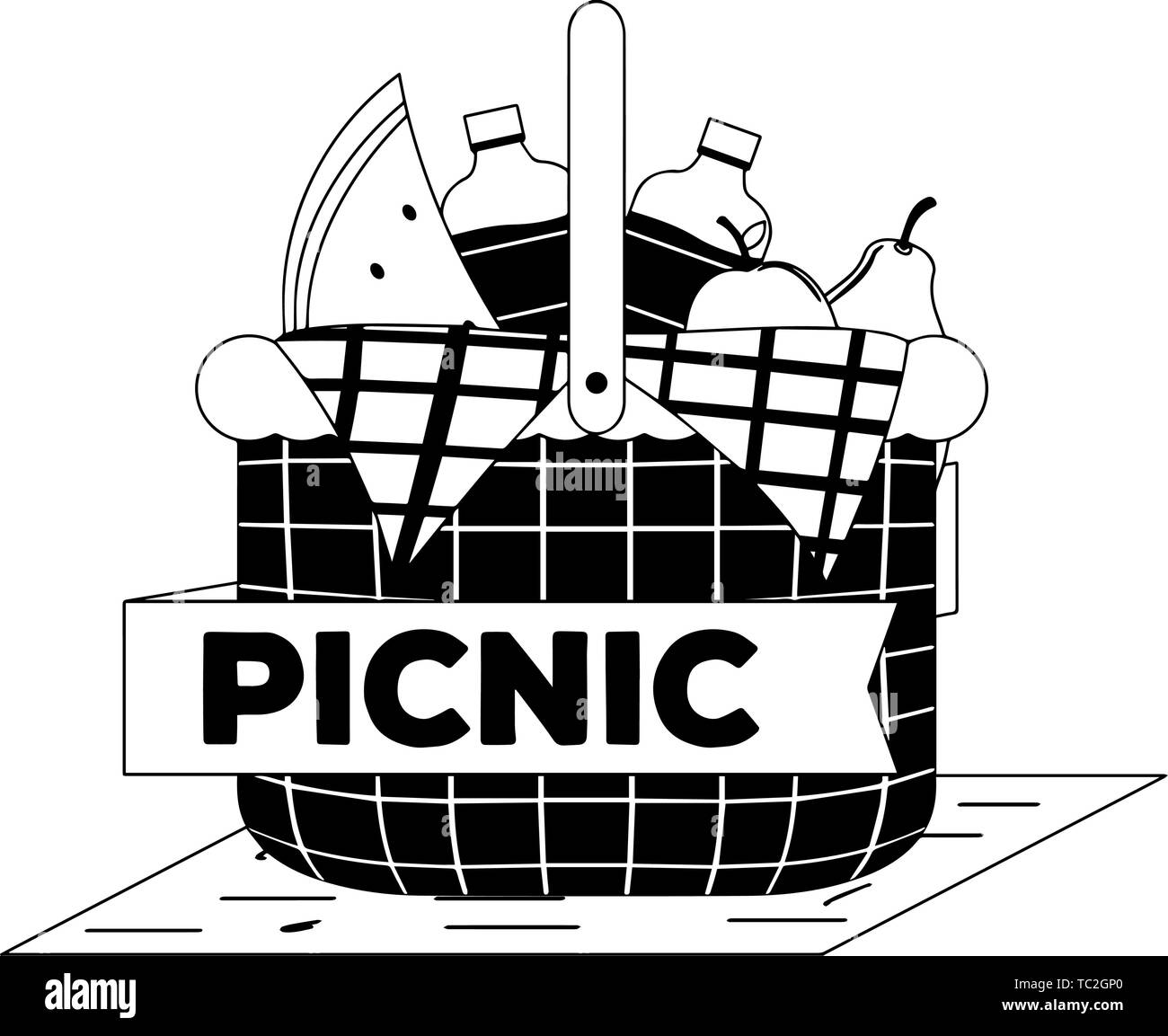 Picnic basket witn soda bottles and fruits - Outline Vector Stock ...