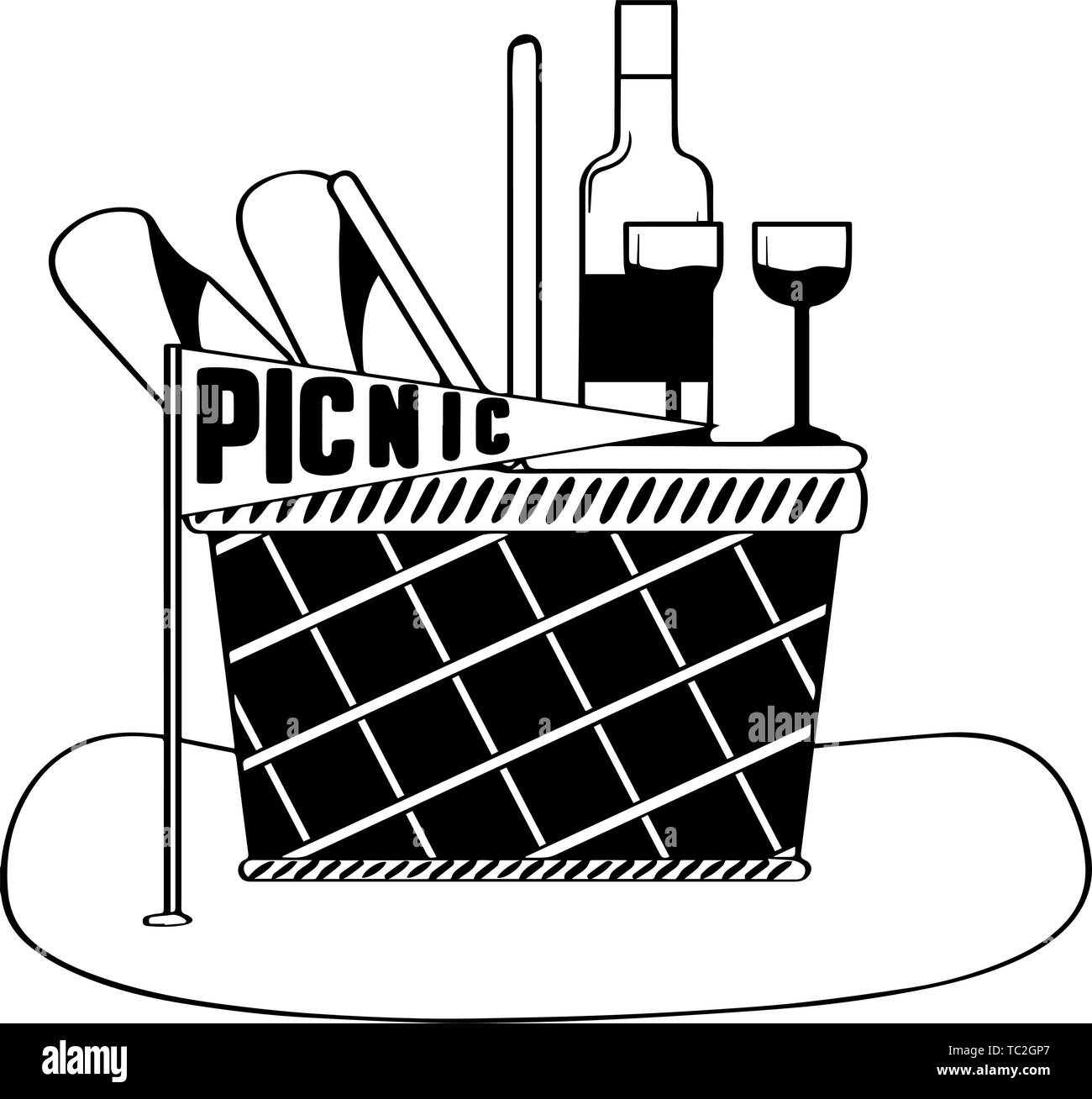 Picnic basket with bread and wine - Outline Vector Stock Vector Image ...