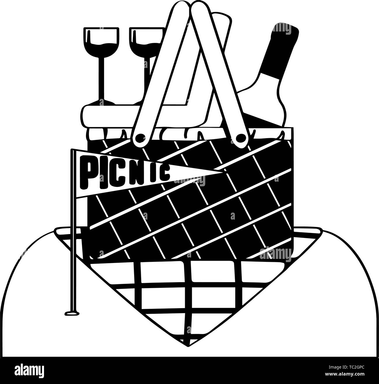 Picnic basket with a wine bottle and wine glasses - Outline Vector ...